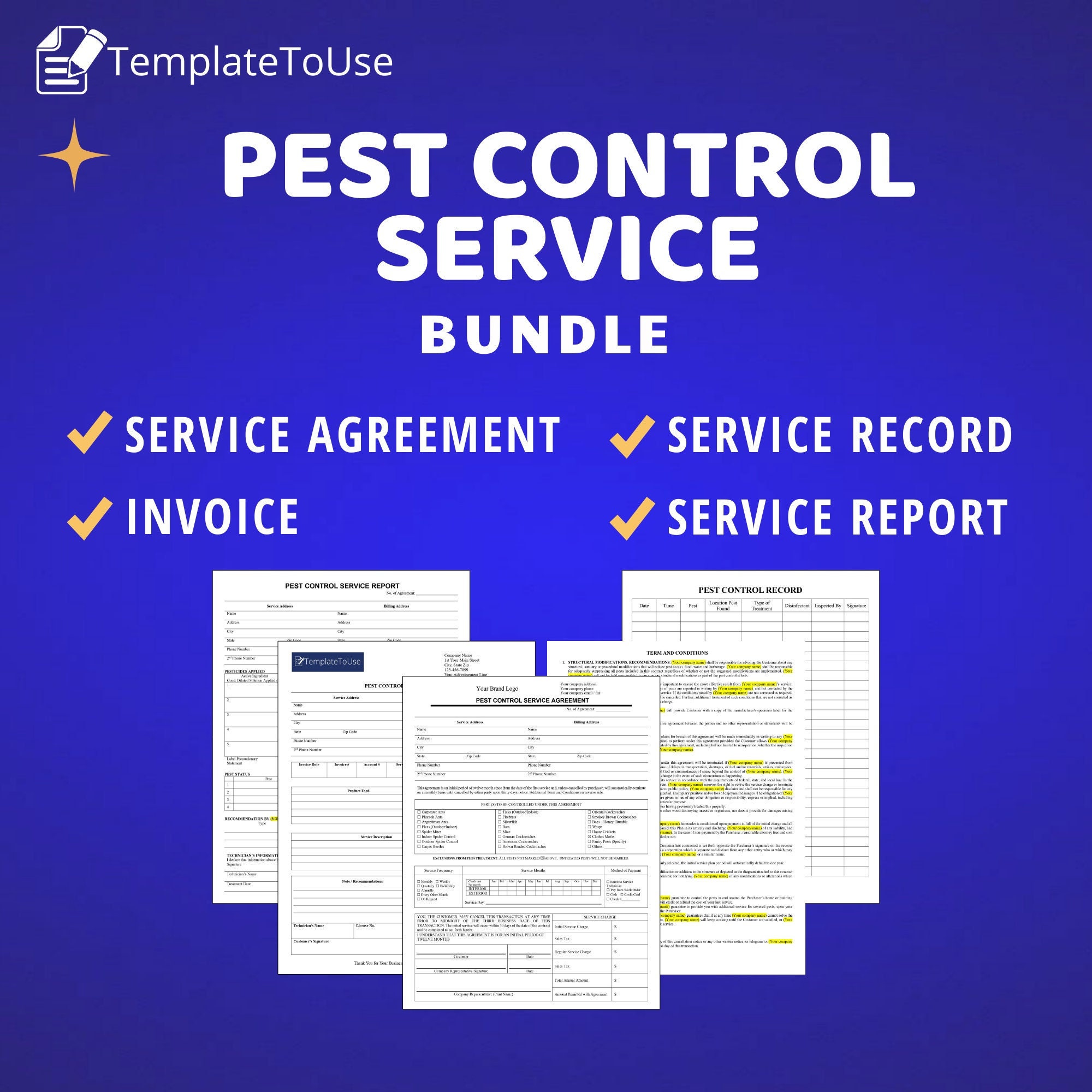 Pest Control Service Bundle, Agreement, Invoice, Service Record for ...