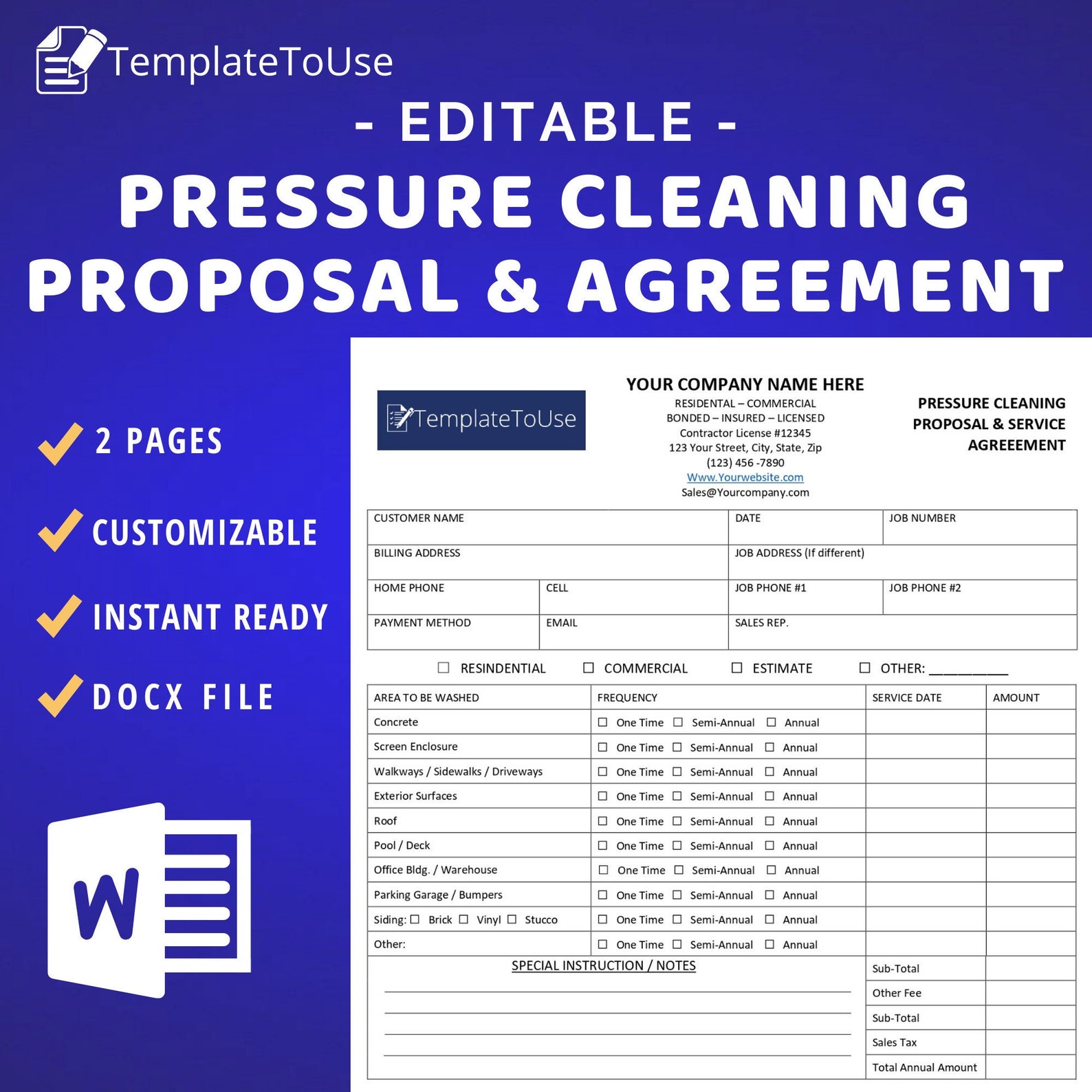 Pressure Cleaning Service Proposal Agreement Power Washing - Etsy
