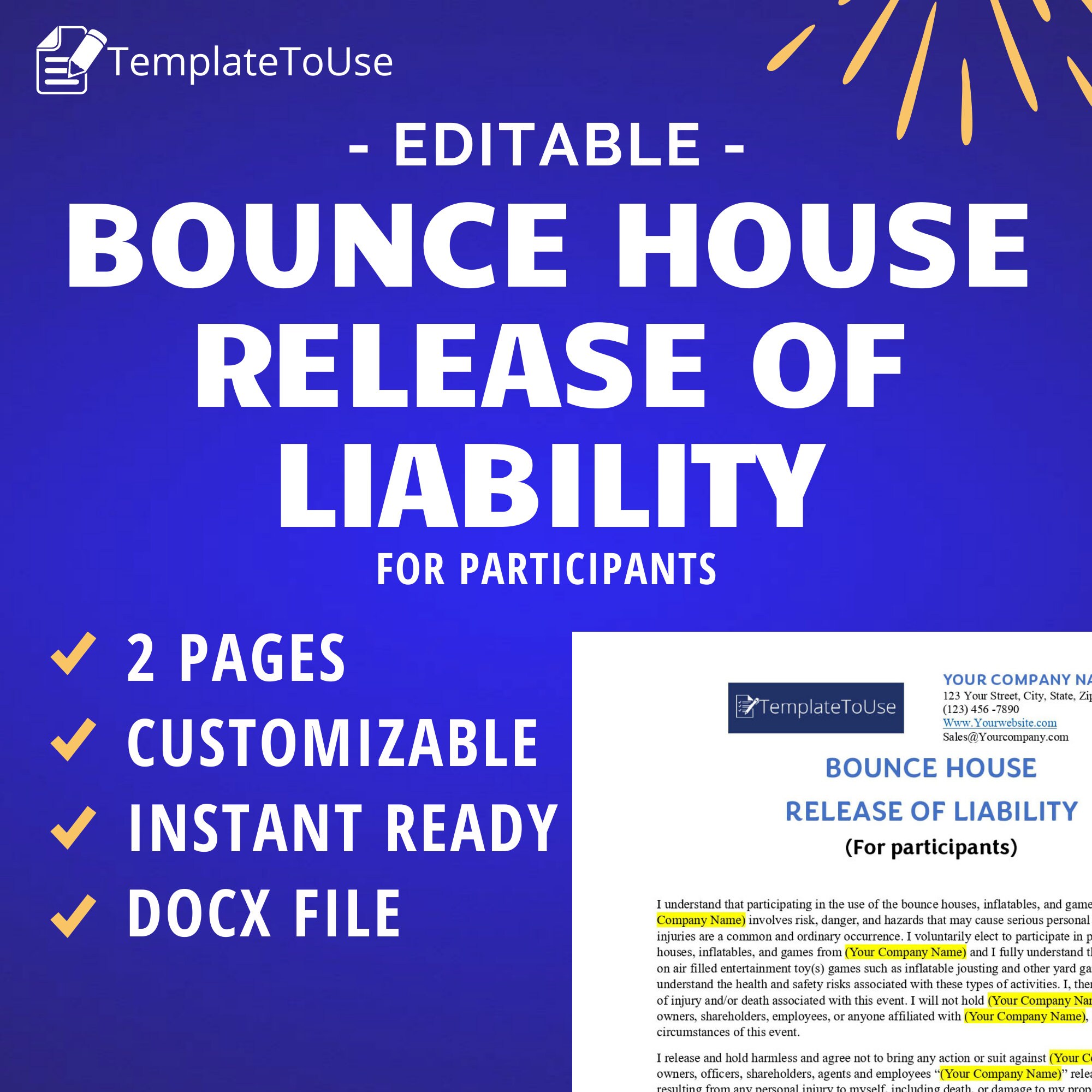 Bounce House Release of Liability for Participants, Inflatable Waiver ...