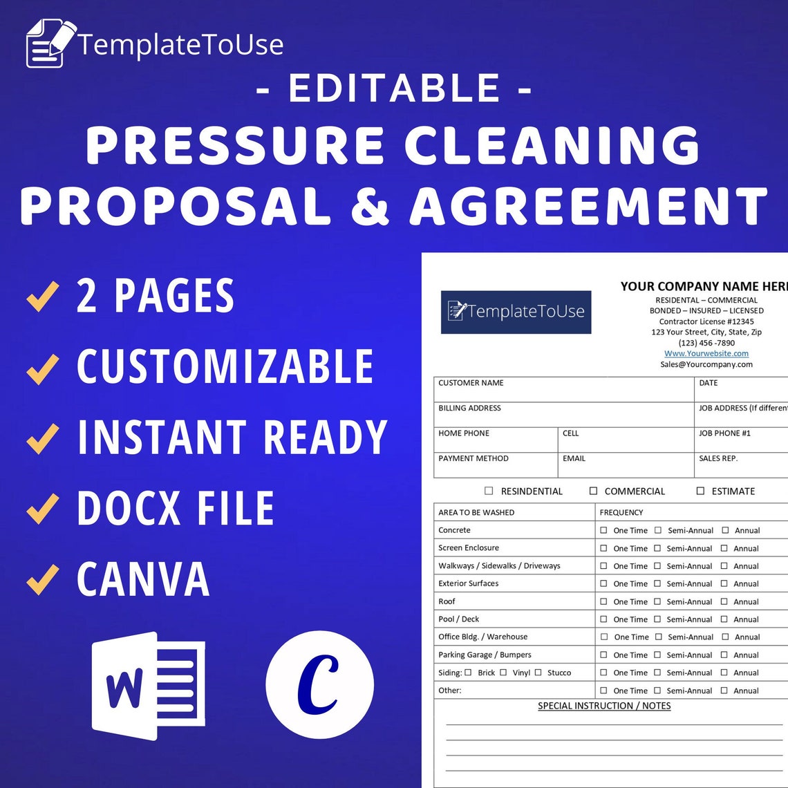 Pressure Cleaning Service Proposal Agreement, Power Washing, Pressure ...