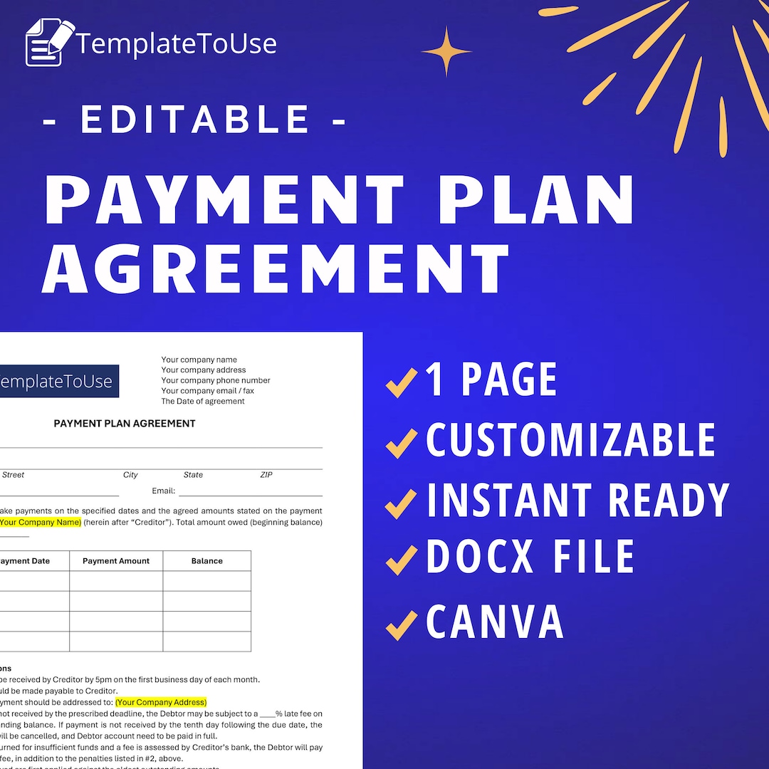 Payment Plan Agreement, Payment Contract Template, Word, Canva, Easy Edit - Etsy
