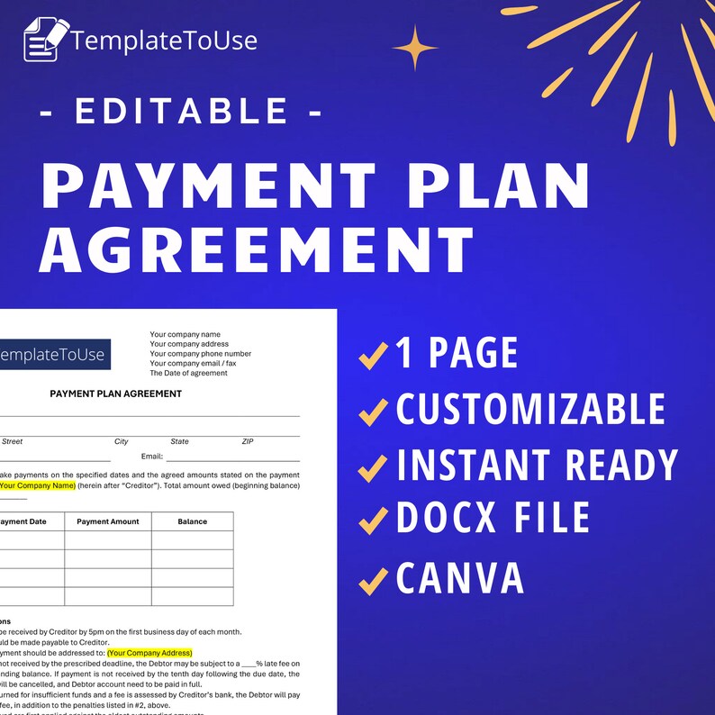 Payment Plan Agreement, Payment Contract Template, Word, Canva, Easy Edit - Etsy
