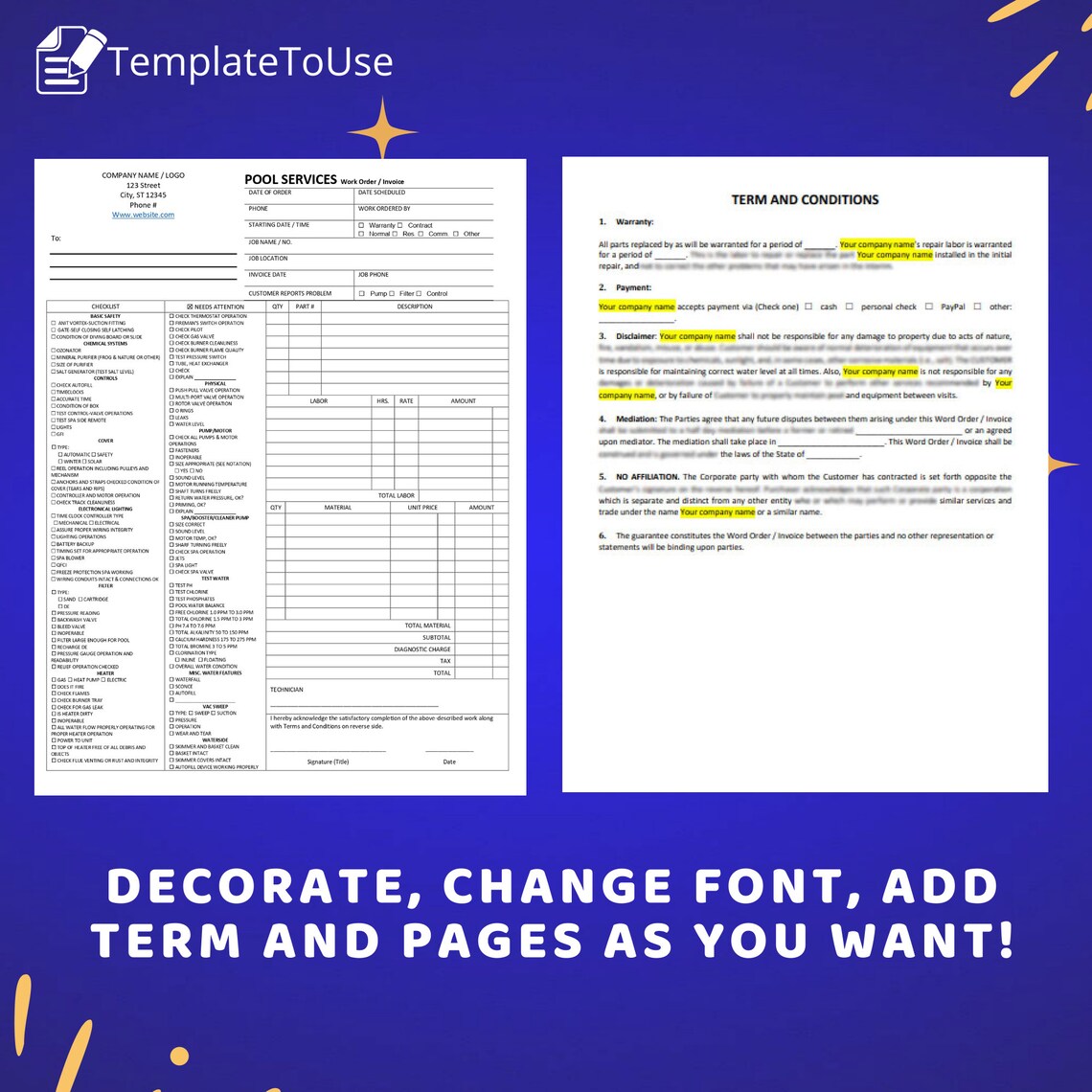 Swimming Pool Service Work Order Invoice, Pool Maintenance, Pool ...