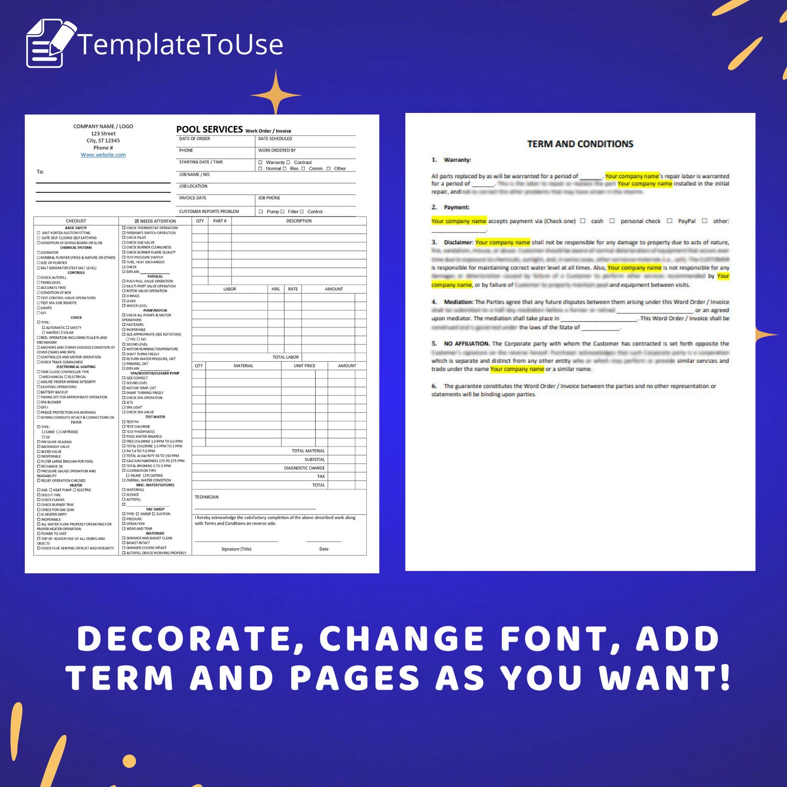 Swimming Pool Service Work Order Invoice, Pool Maintenance, Pool ...