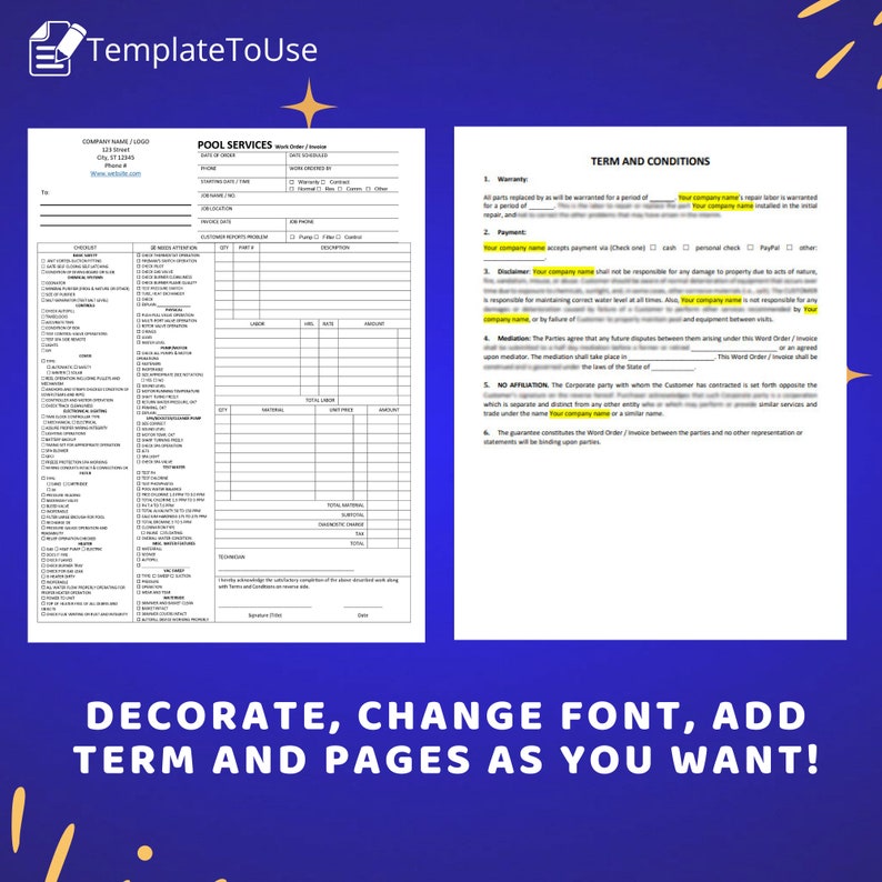 Swimming Pool Service Work Order Invoice, Pool Maintenance, Pool ...