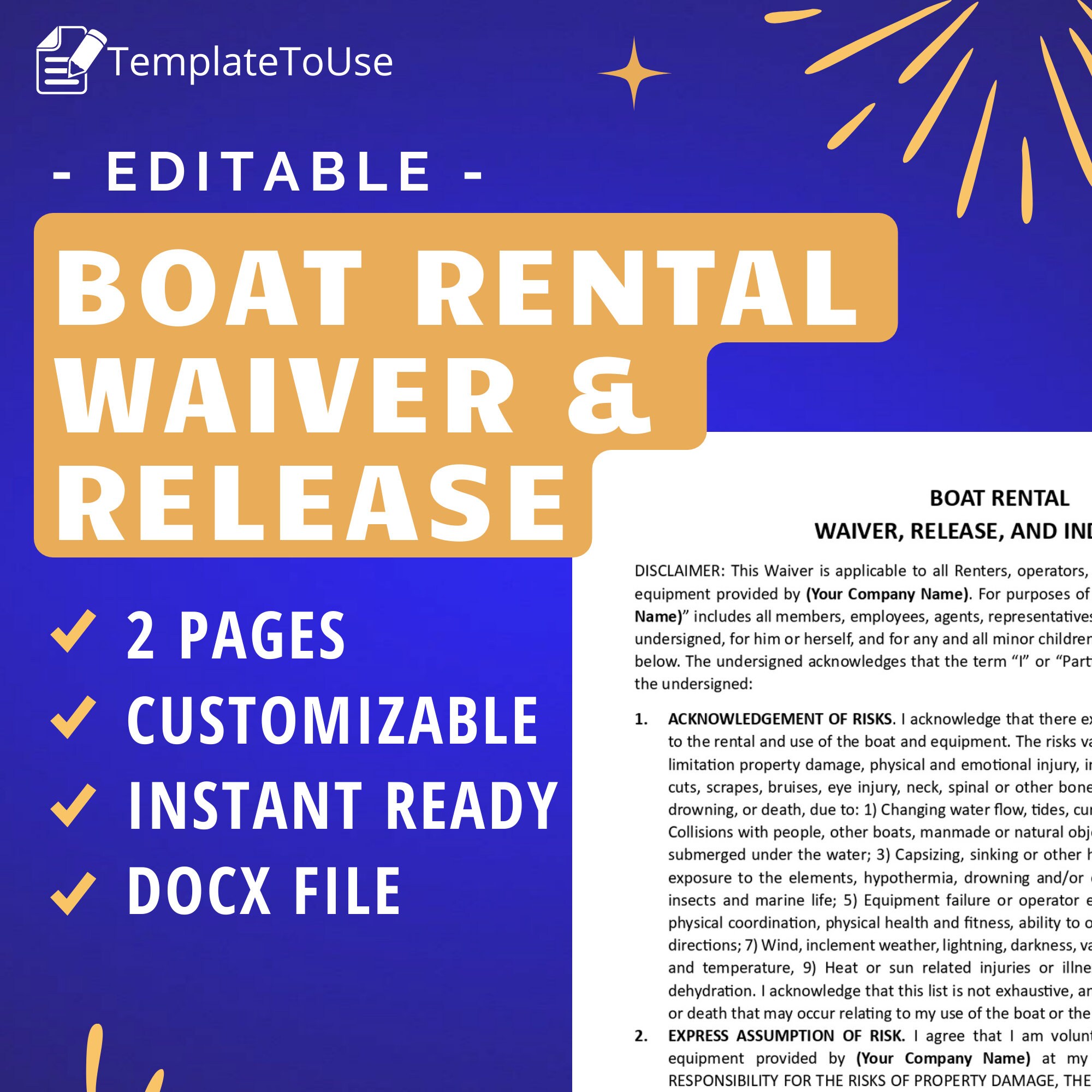 Boat Rental Waiver, Release, and Indemnity, Release of Liability ...