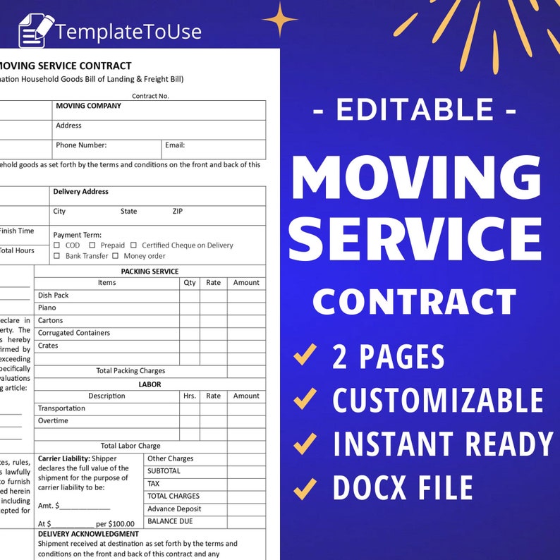 Moving Service Contract Agreement, Household Goods, Bill of Landing ...
