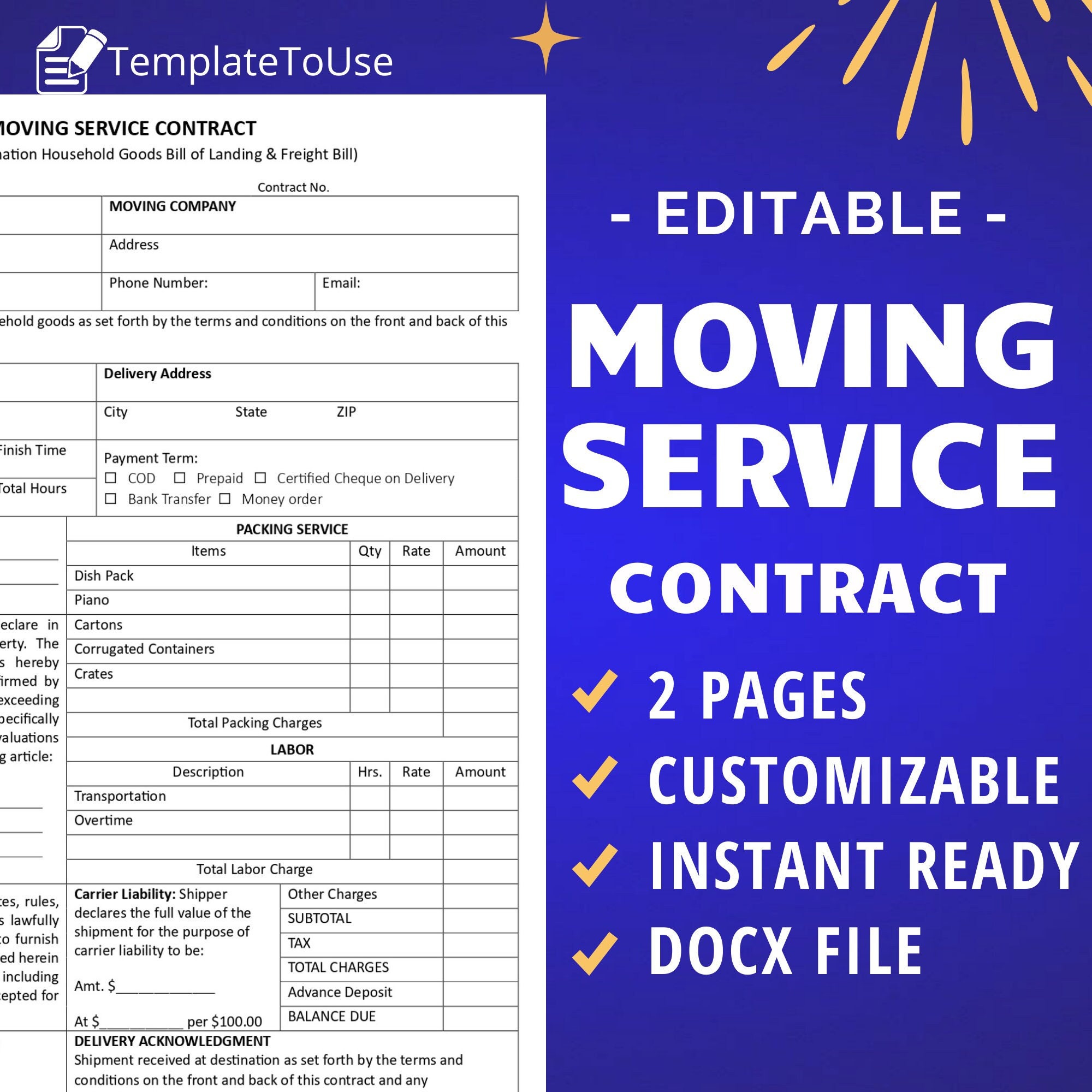 Moving Service Contract Agreement, Household Goods, Bill of Landing ...