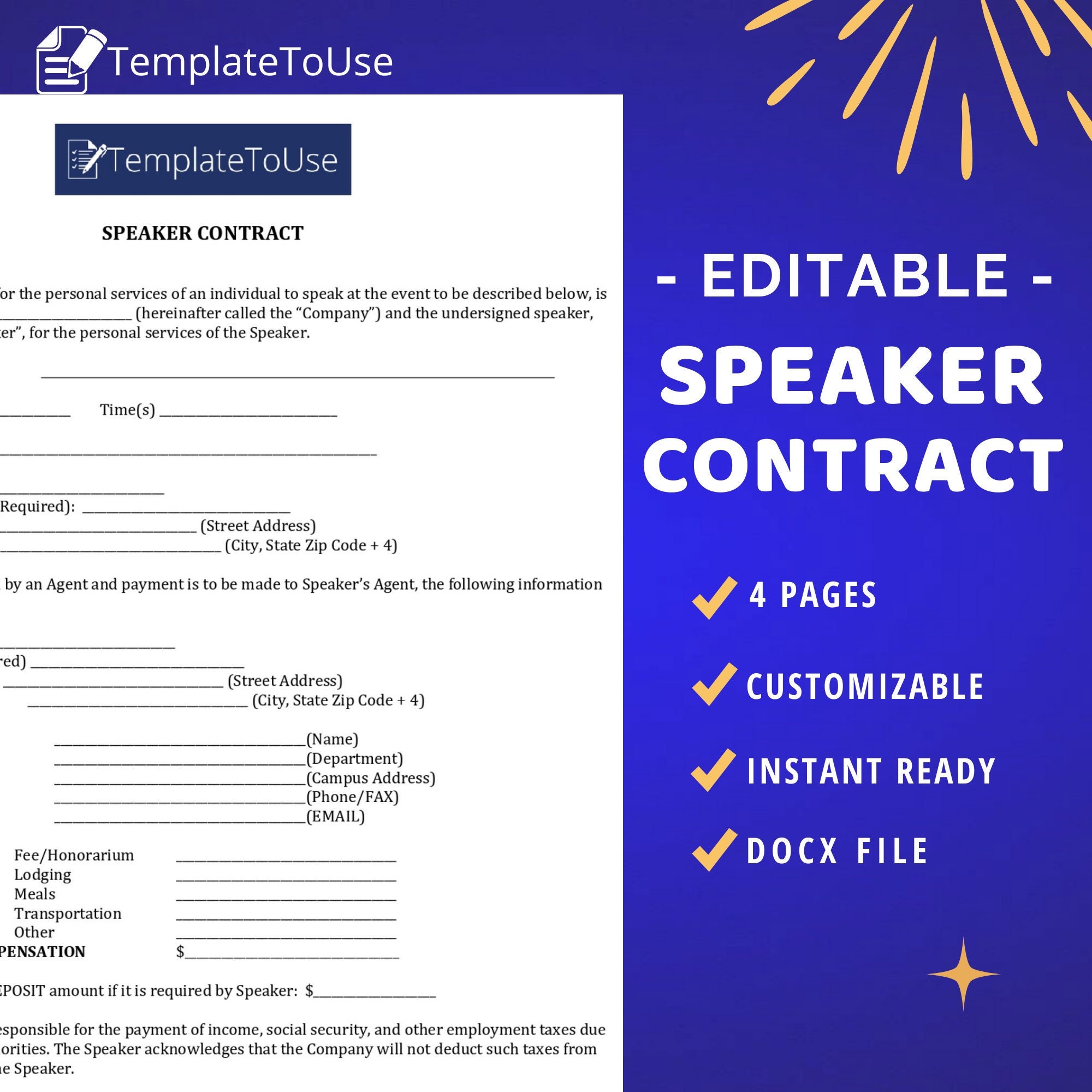 Speaker Contract Agreement, Public Speaker Agreement, Speaker Booking ...