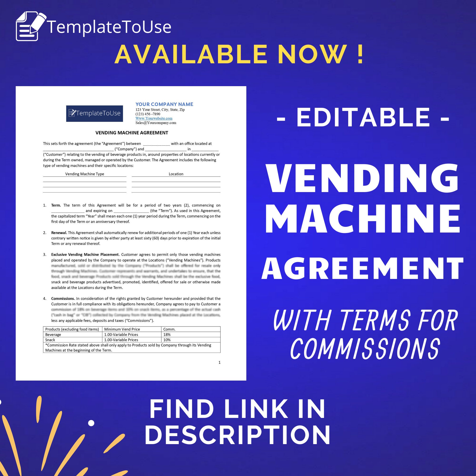 Vending Machine Location Agreement Contract, Editable Template - Etsy