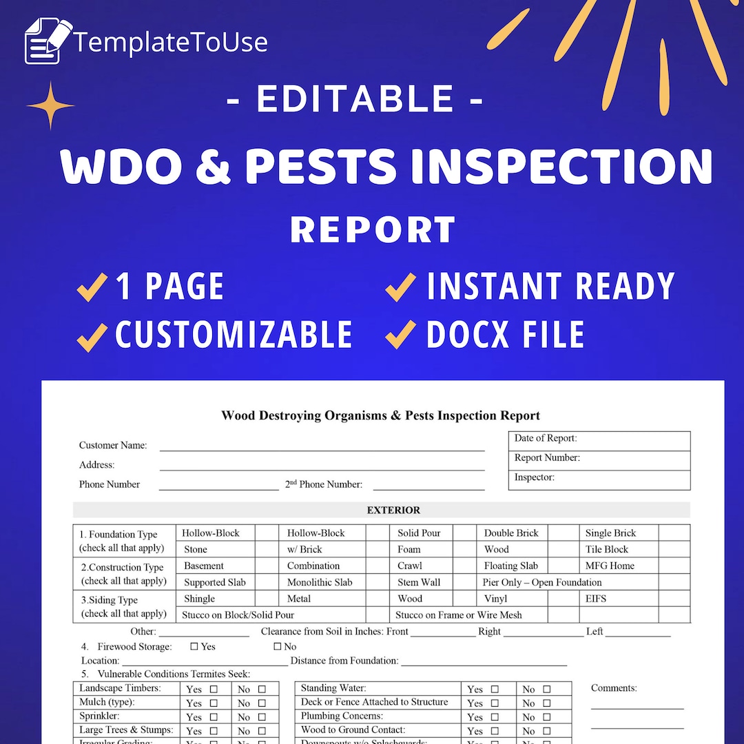 Wood Destroying Organisms & Pests Inspection Report, WDO Checklist ...