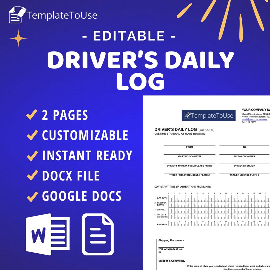 Driver Daily Log, Driver Time Record for Trucker Trailer Tractor Driver ...