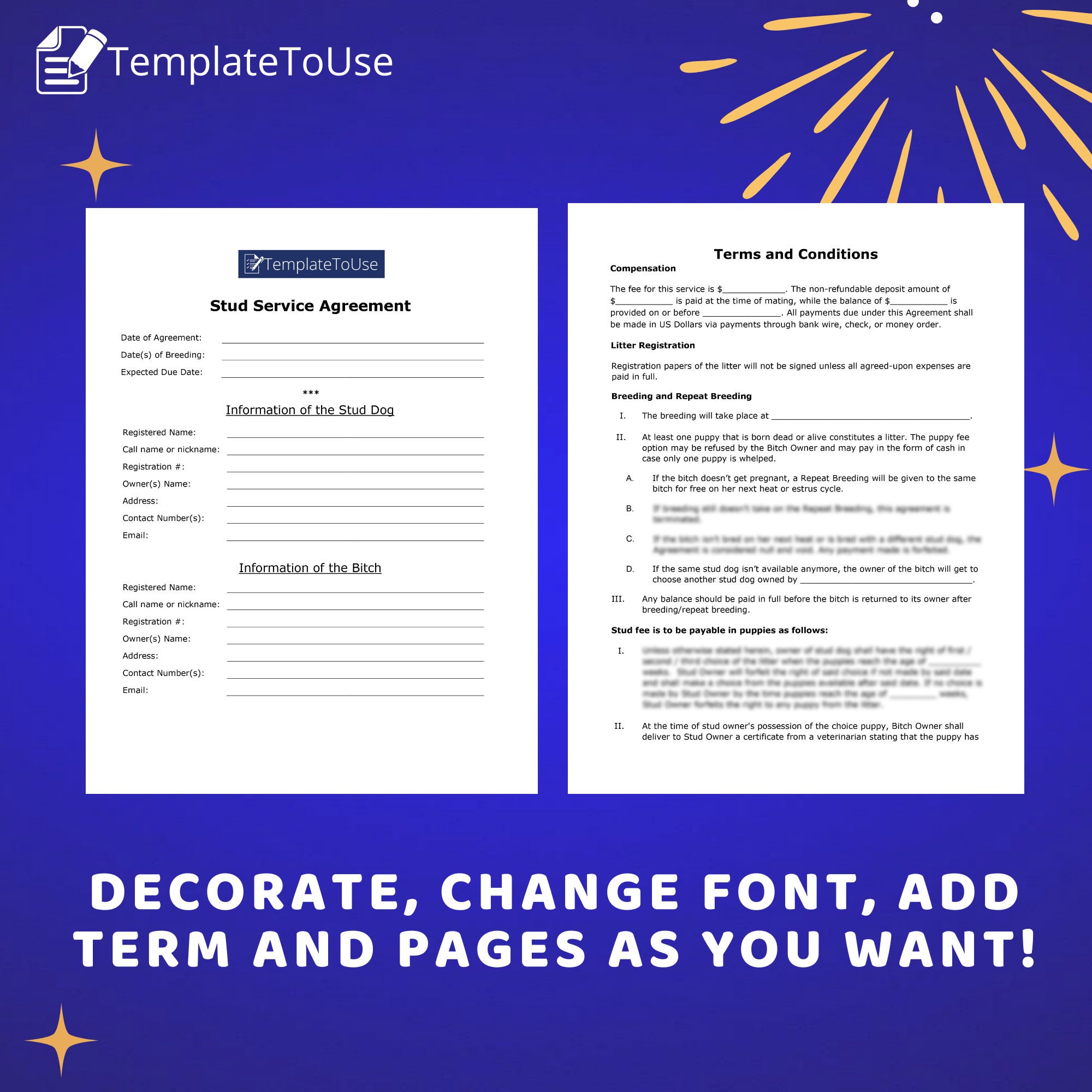 Stud Dog Service Agreement Contract for Breeder, Breeding Business ...