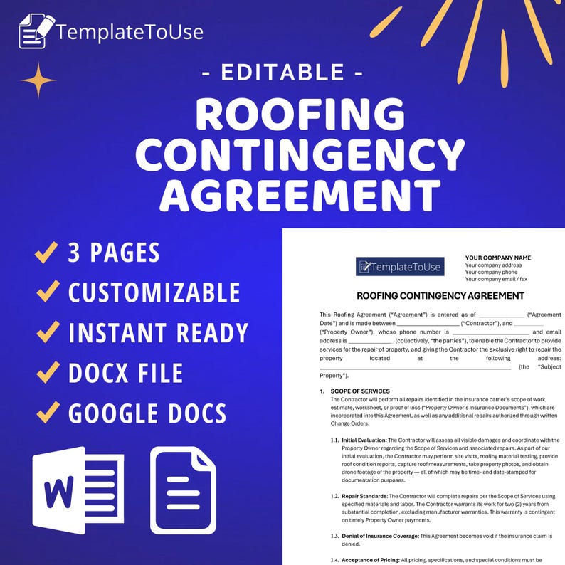 Contingency Agreement for Roofing, Roof Repair, Roof Replacement, Roofing Contract, Service ...