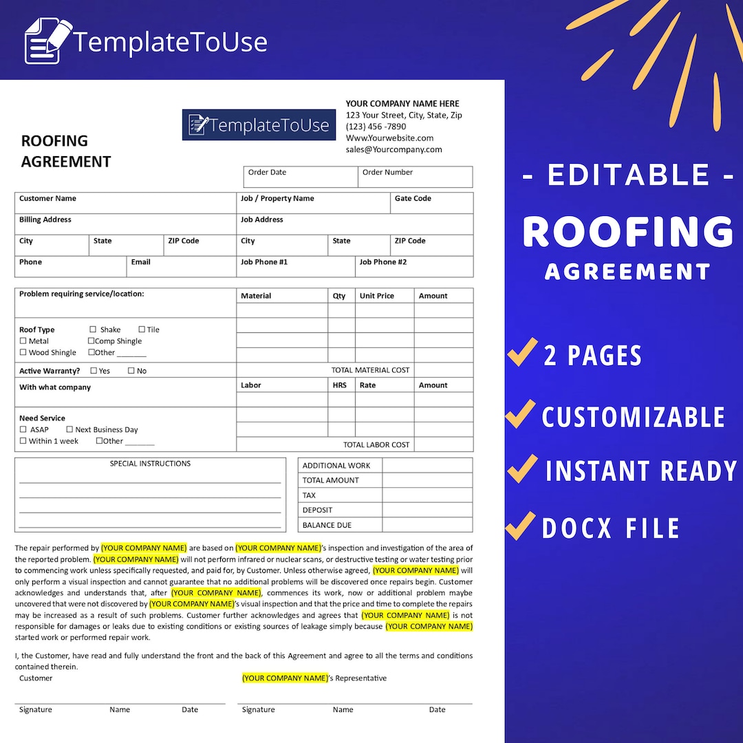 Roofing Agreement Contract, Roofing Business, Service Editable Template ...