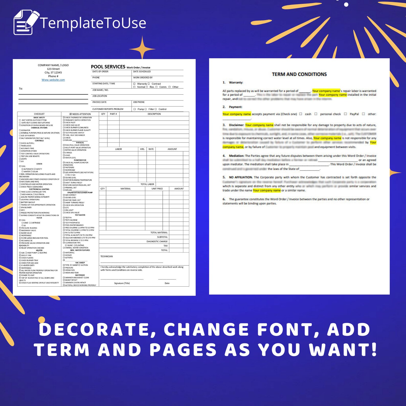 Swimming Pool Service Work Order Invoice Pool Maintenance - Etsy