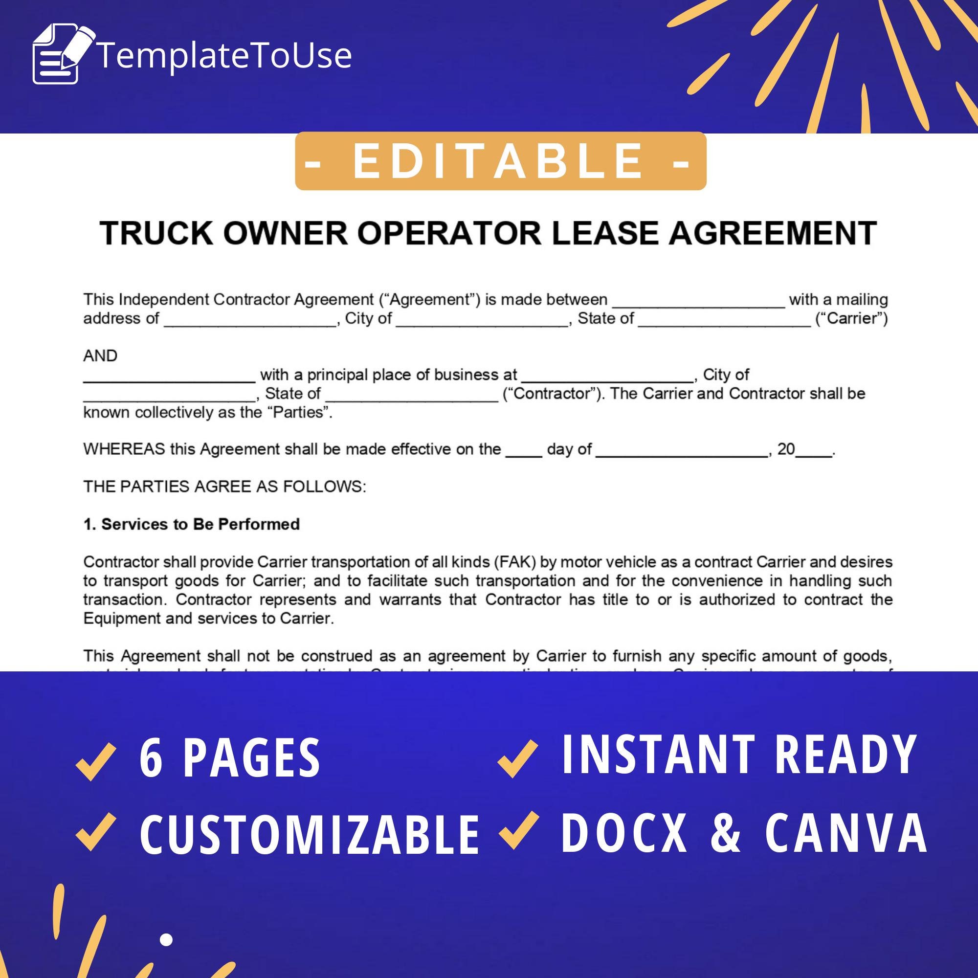 Truck Owner Operator Lease Agreement, Business Contract, Docx, Canva ...
