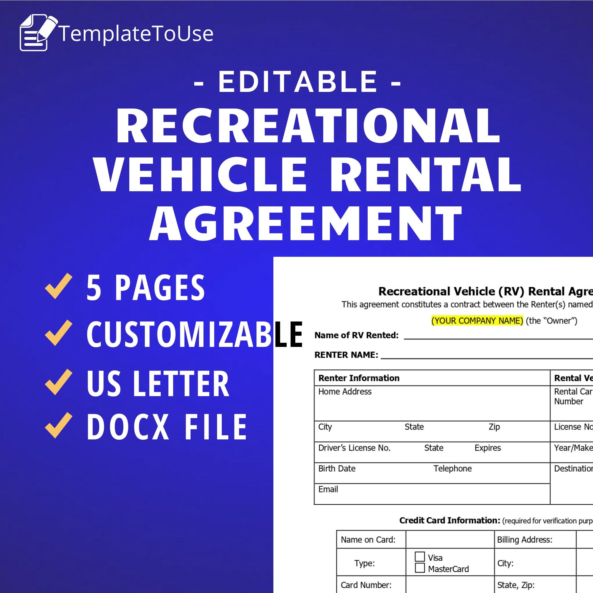 RV Recreational Vehicle Rental Agreement, Travel Motorhome Lease ...