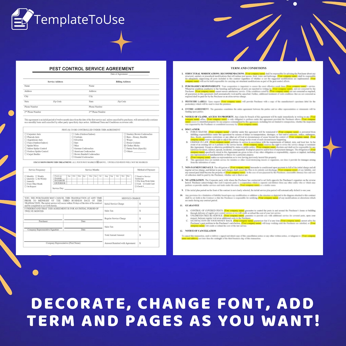 Pest Control Service Agreement for Your Pest Control Business, Editable ...