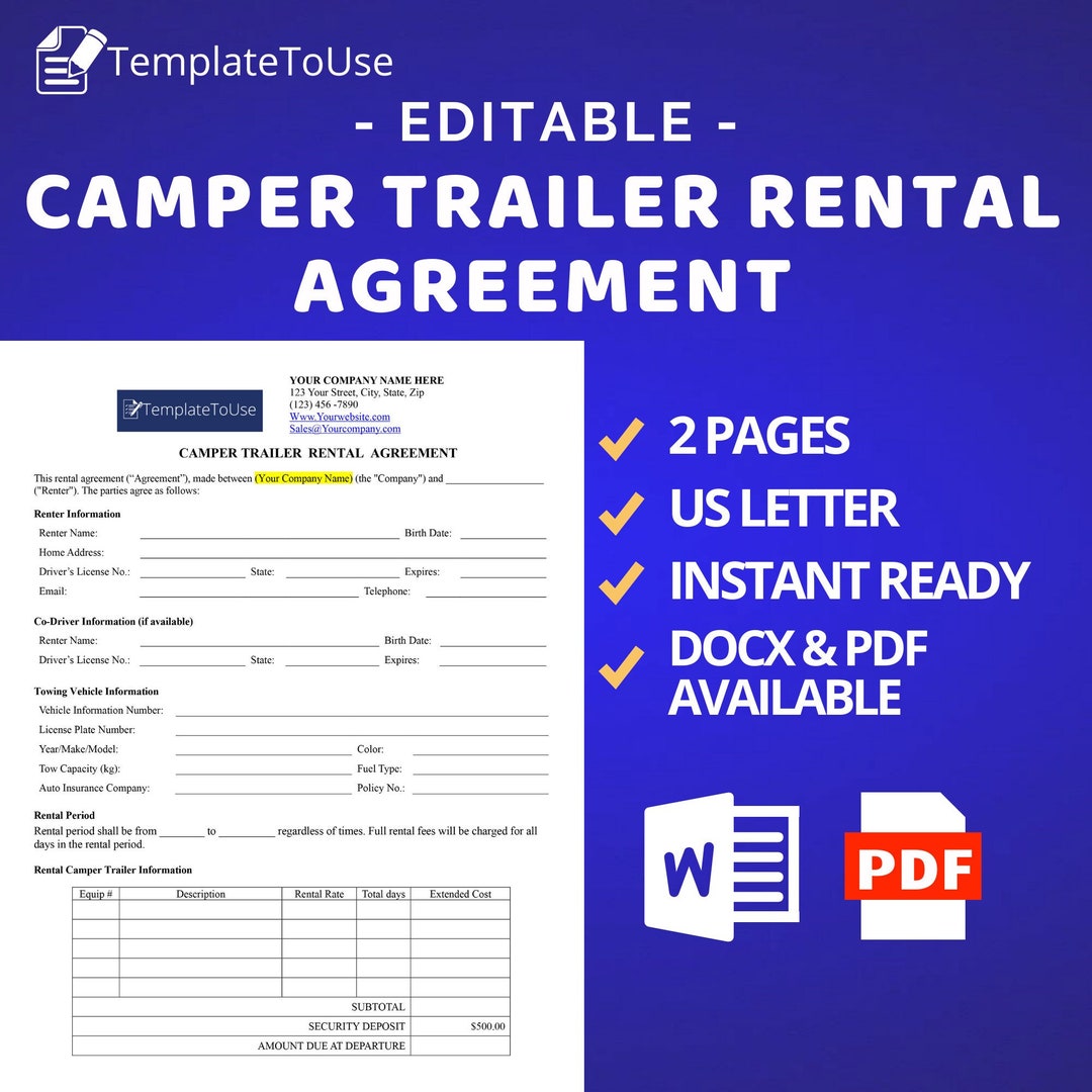 Camper Trailer Rental Agreement, Travel Trailer Lease Contract ...