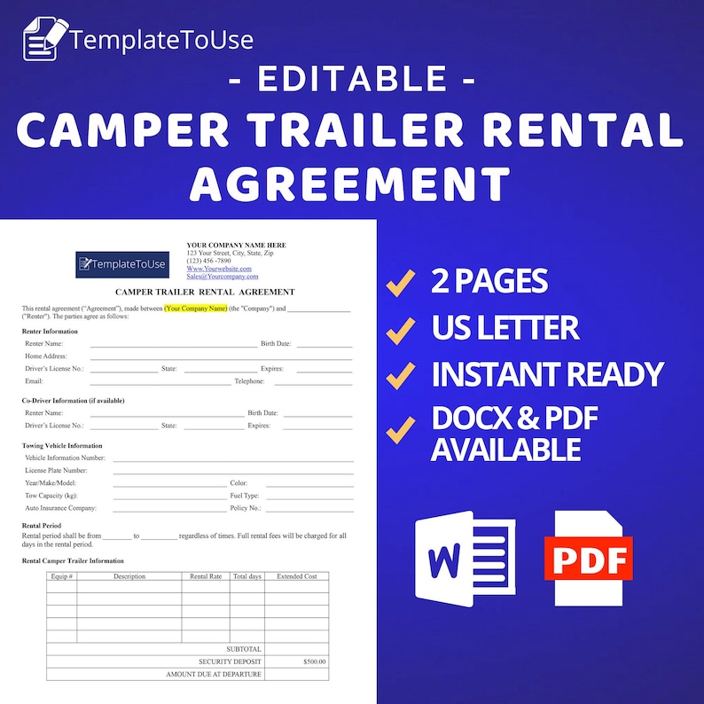 Camper Trailer Rental Agreement, Travel Trailer Lease Contract ...