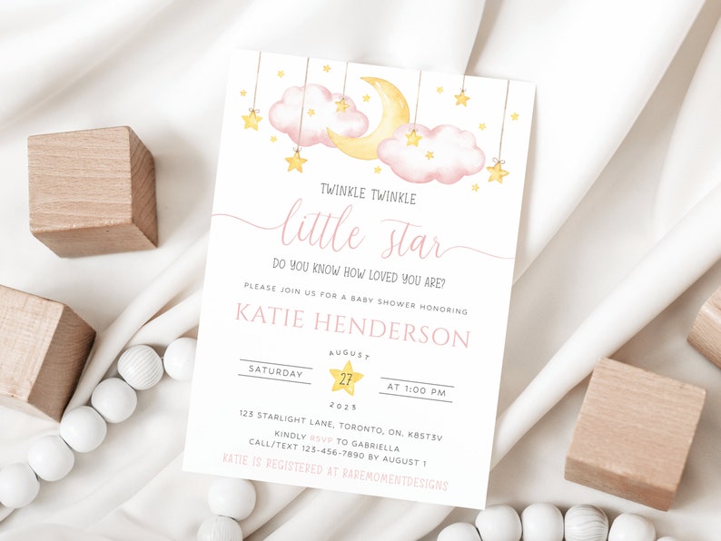 Moon and Stars Baby Shower Invitation Printable Girl Baby - Etsy