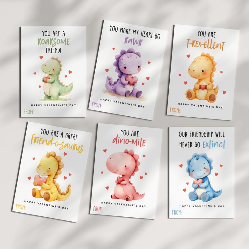 Kids Dinosaur Valentine's Day Cards, Printable Classroom Valentines ...