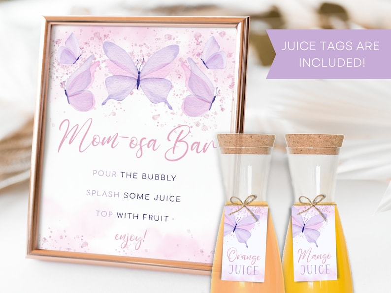 Butterfly Mimosa Bar Sign, Editable Baby Shower Momosa Bar Sign, Purple ...