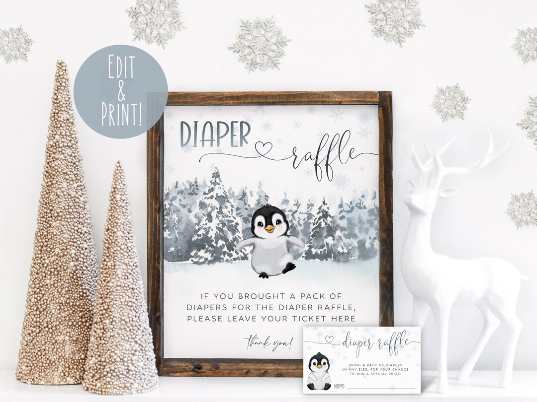 Winter Baby Shower Diaper Raffle Sign, Penguin Diaper Raffle Template ...