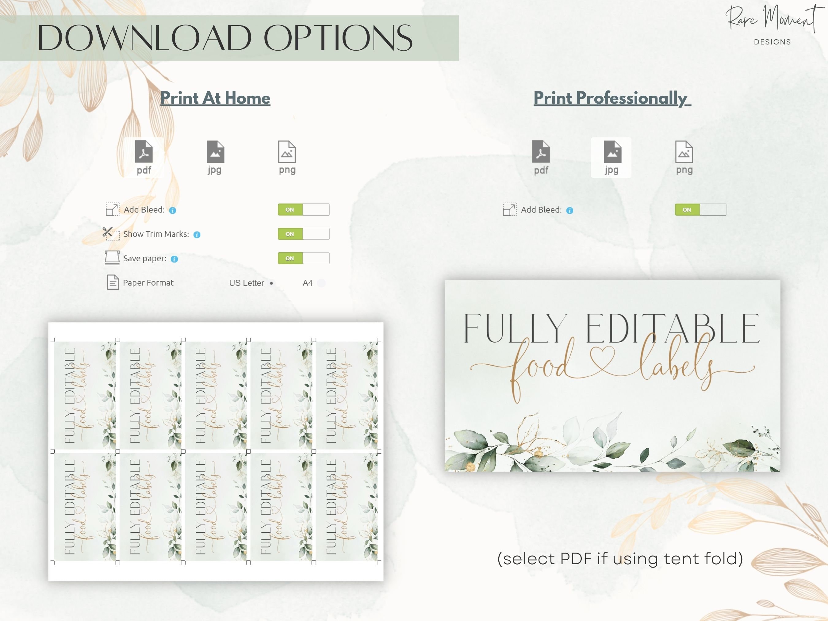 Editable Greenery Food Labels Green & Gold Food Label - Etsy Canada