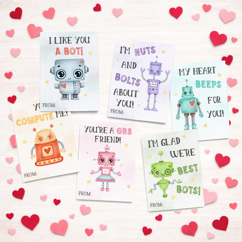Robot Valentine's Day Cards, Kids Classroom Valentines, Printable Robot ...