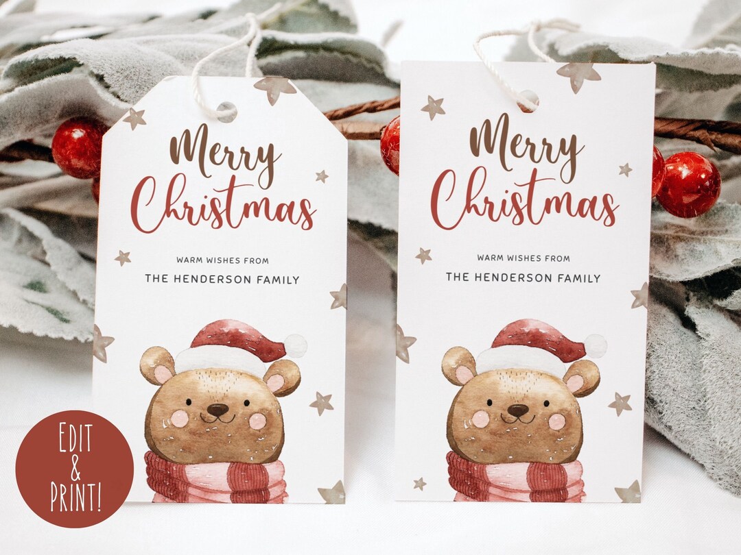 EDITABLE Christmas Gift Tag, Bear Winter Gift Tags, Holiday Kids Gift ...