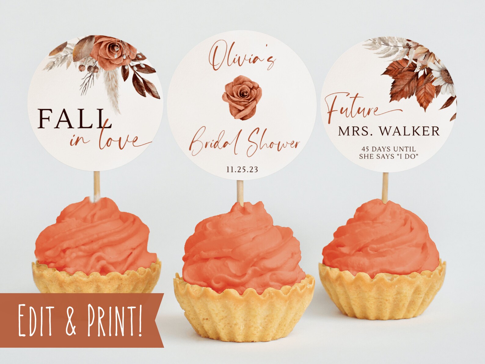 Fall Bridal Shower Cupcake Toppers, Fall in Love Bridal Shower ...