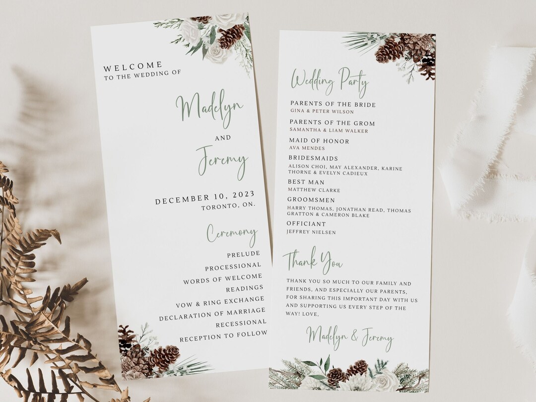 Winter Wedding Program Template, Christmas Wedding Program Printable ...