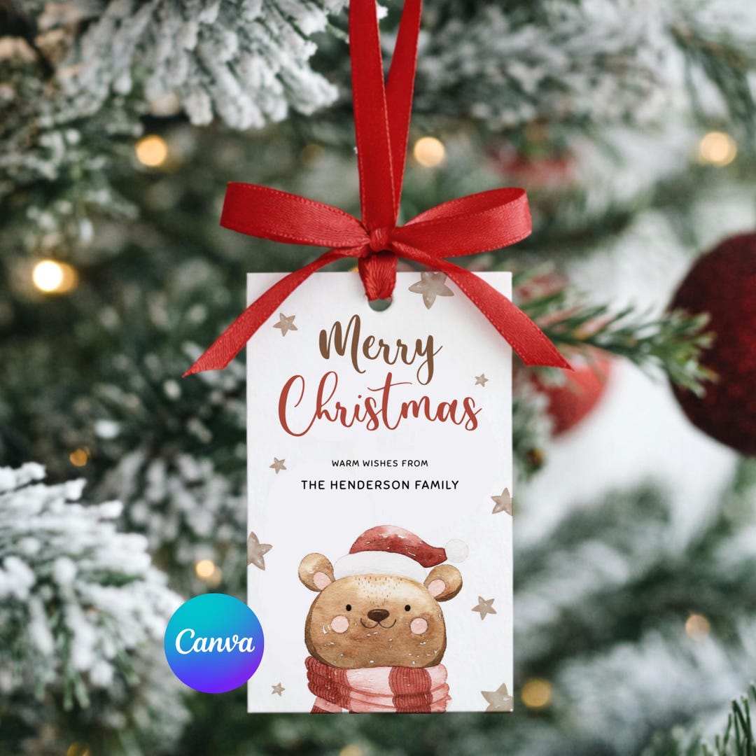 Editable Merry Christmas Gift Tag, Bear Winter Gift Tags, Holiday Kids ...