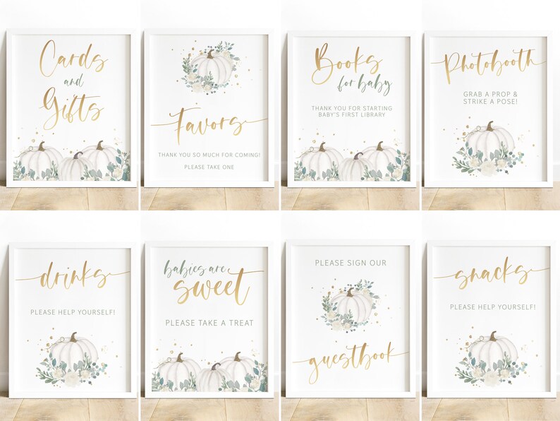 Pumpkin Baby Shower Signs, Fall Baby Shower Table Sign Template, White ...