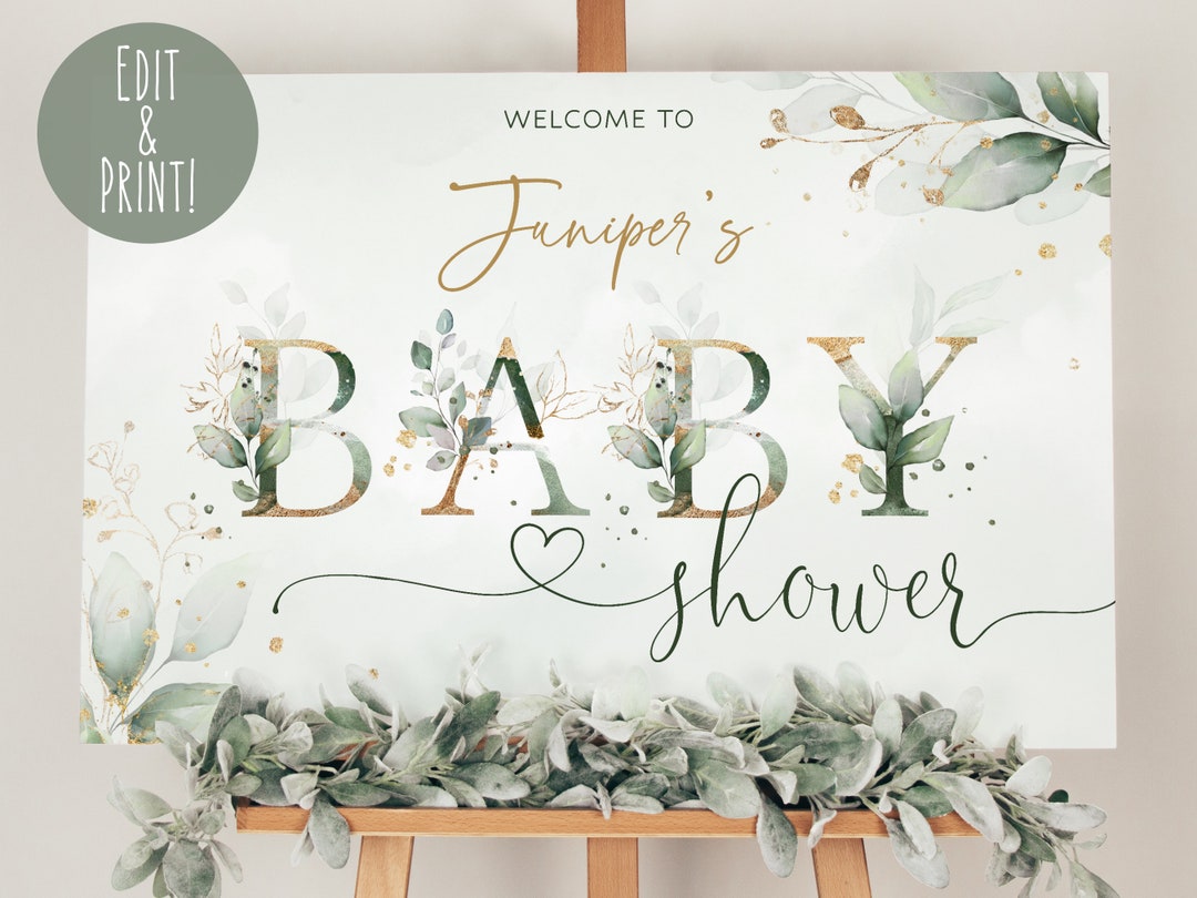 Greenery Baby Shower Welcome Sign, Printable Sage Green Baby Shower ...