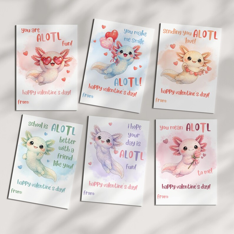 Axolotl Valentine's Day Cards, Printable Kids Valentines Cards for ...