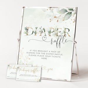 Greenery Diaper Raffle Sign, Green and Gold Baby Shower Diaper Raffle ...