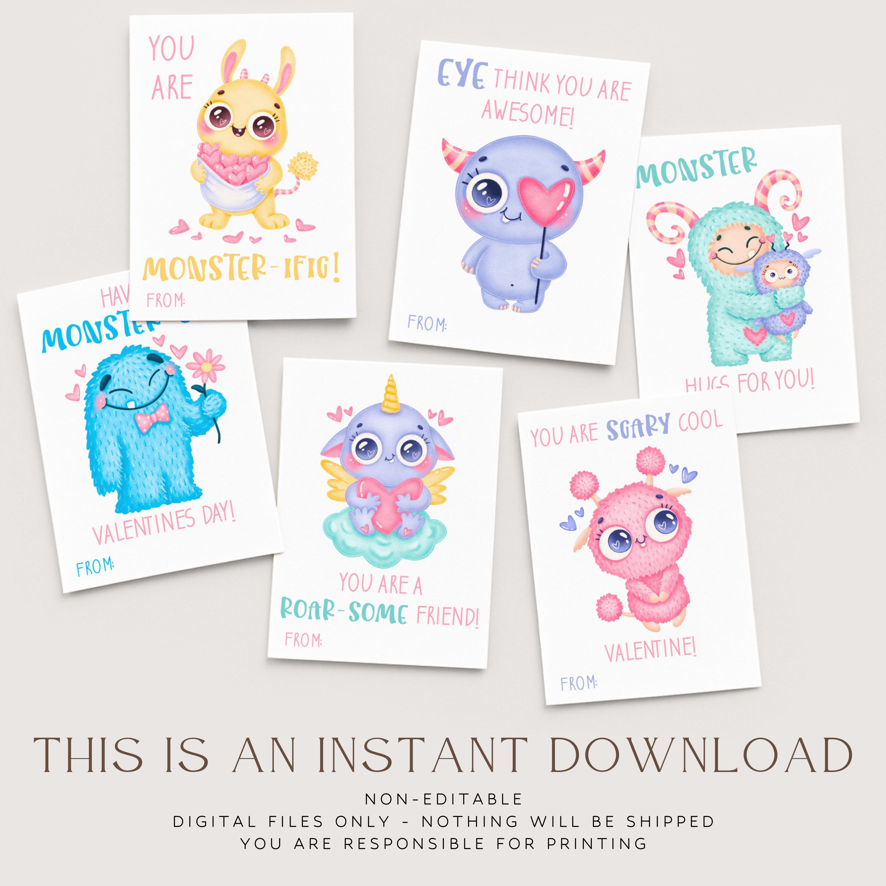 Printable Monster Valentines Day Cards for Kids, Classroom Valentines ...