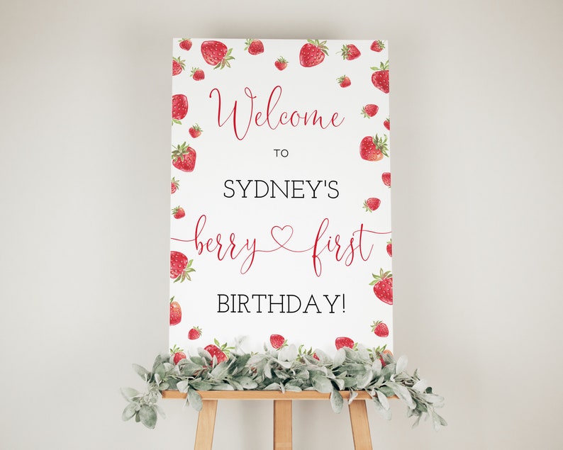 Berry First Birthday Welcome Sign Printable Strawberry 1st - Etsy