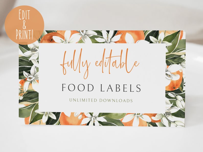 Little Cutie Baby Shower Food Labels, Printable Orange Tent Fold Labels ...