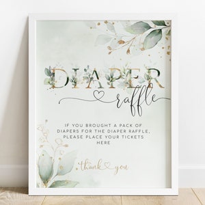 Greenery Diaper Raffle Sign, Green and Gold Baby Shower Diaper Raffle ...