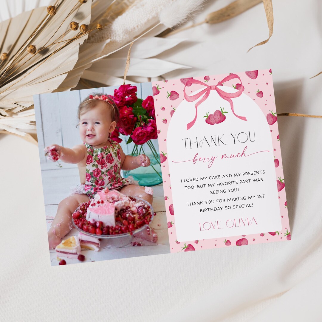 Berry First Birthday Thank You Card, Girl 1st Birthday Flat Thank You ...