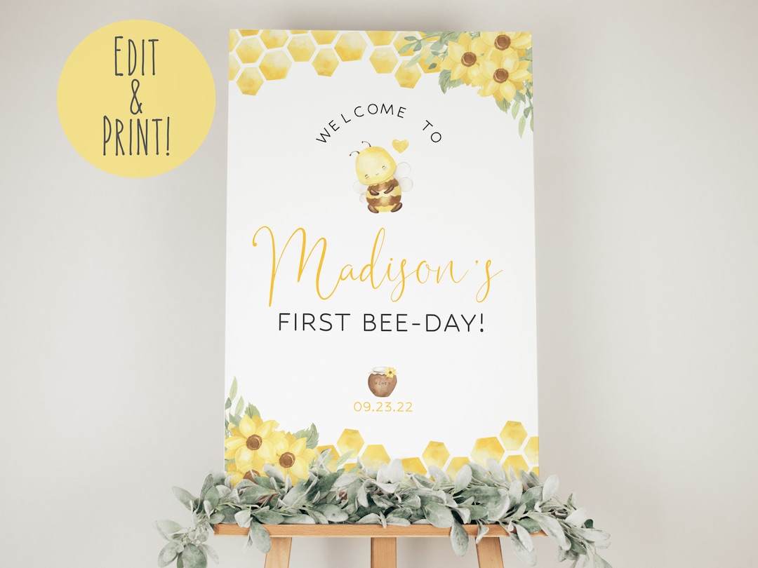1st Bee Day Welcome Sign, Editable Bee 1st Birthday Welcome Sign ...