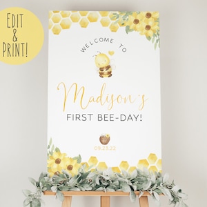 1st Bee Day Welcome Sign, Editable Bee 1st Birthday Welcome Sign ...