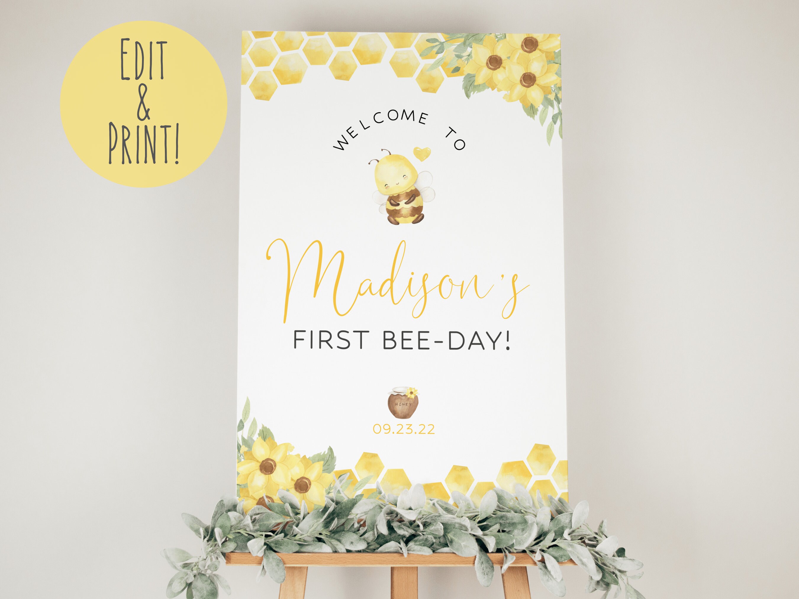 1st Bee Day Welcome Sign Editable Bee 1st Birthday Welcome - Etsy