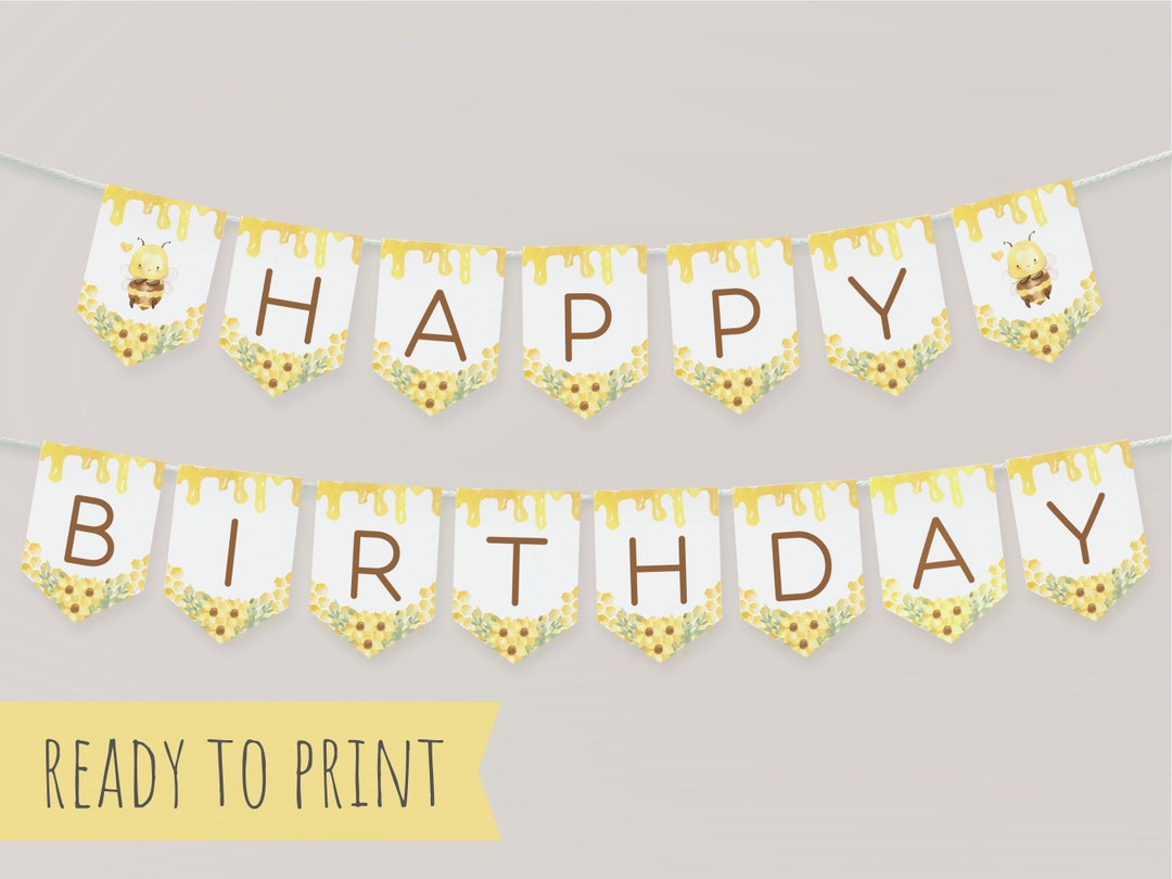 Bee Happy Birthday Banner Digital Download, Sunflowers Honey Bee ...