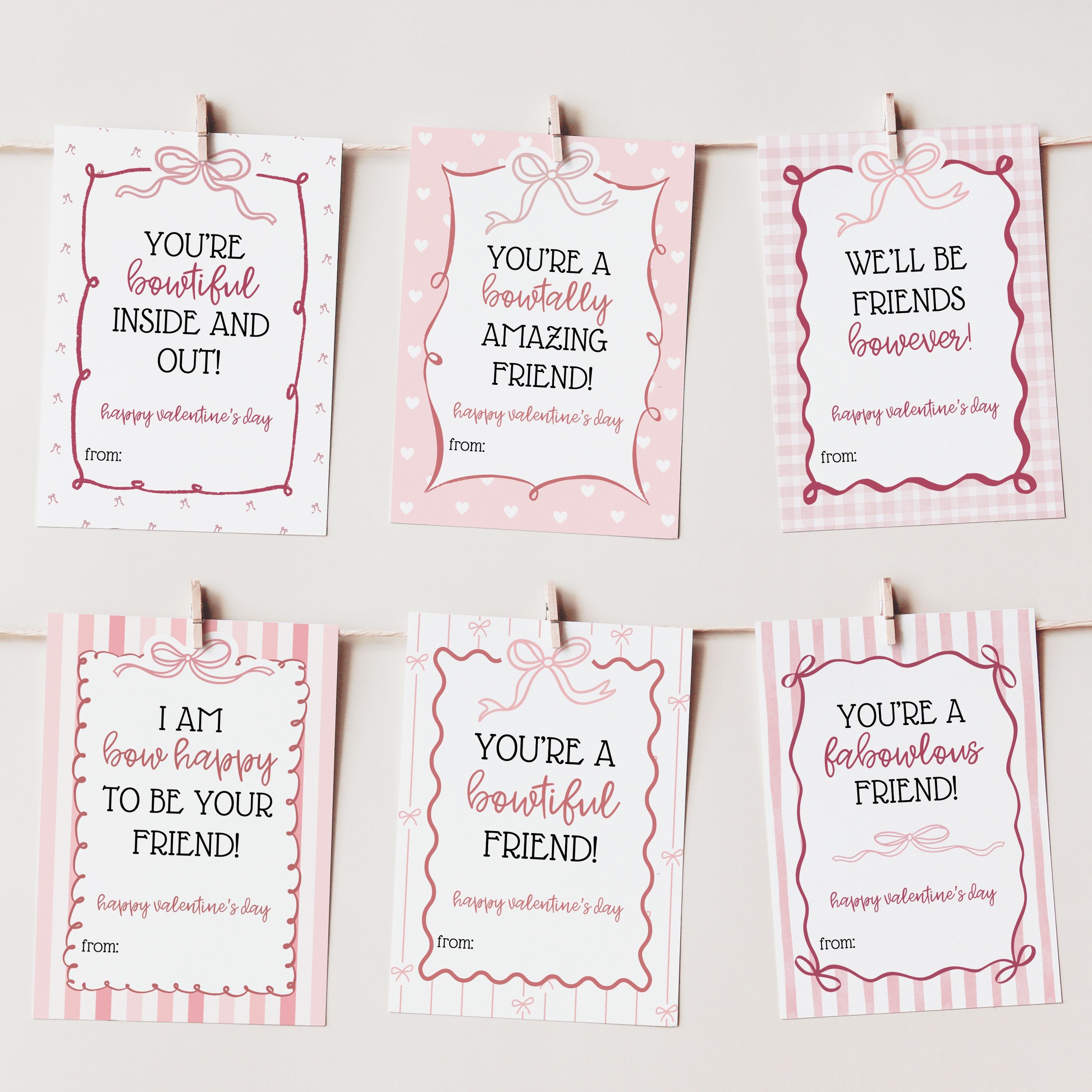 Printable Bow Valentine's Day Cards, Pink Classroom Valentine Exchange ...