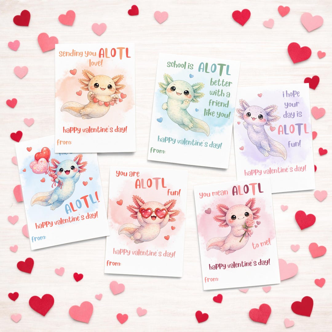 Axolotl Valentine's Day Cards, Printable Kids Valentines Cards for ...